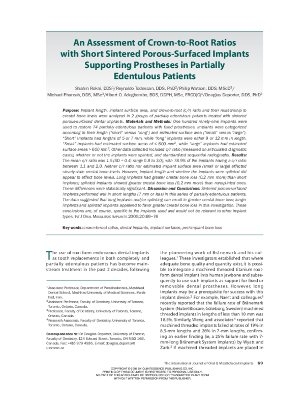 (PDF) Crown-to-Root Ratios in Short Dental Implants