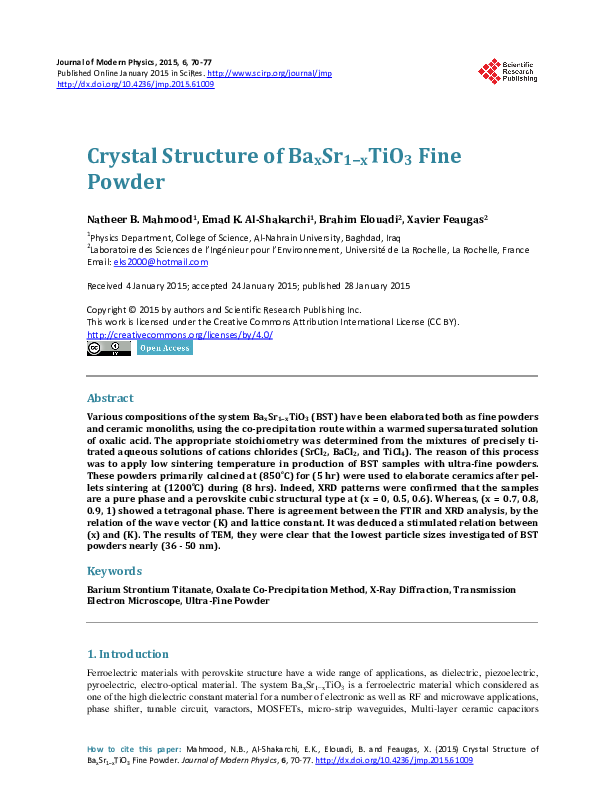 (PDF) Crystal Structure of Ba x Sr 1-x TiO 3 Fine Powder