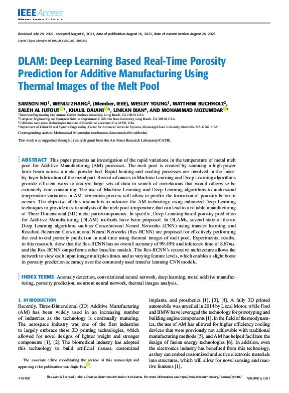 (PDF) DLAM: Deep Learning Based Real-Time Porosity Prediction for Additive Manufacturing Using ...