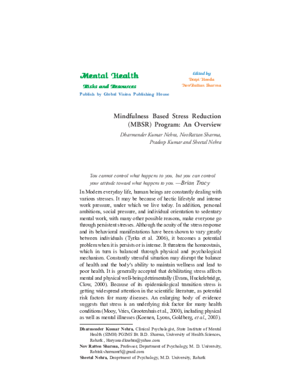 (PDF) Mindfulness Based Stress Reduction ( MBSR ) Program : An Overview