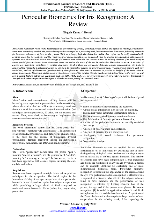 (PDF) Periocular Biometrics for Iris Recognition: A Review