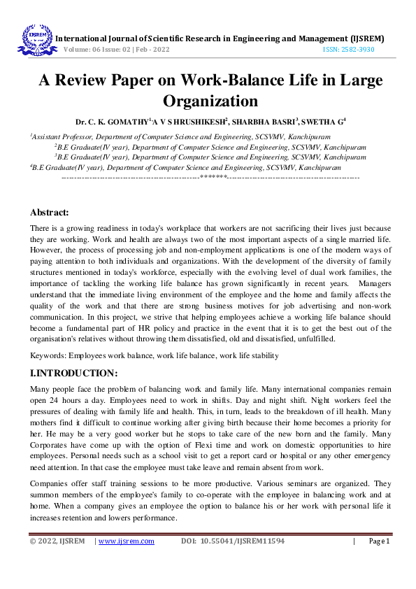(PDF) A Review Paper on Work-Balance Life in Large Organization