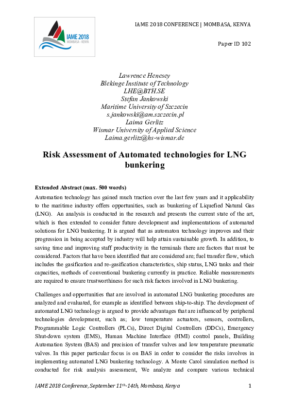 (PDF) Risk Assessment of Automated technologies for LNG bunkering