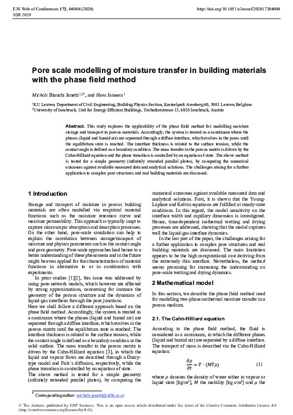 (PDF) Pore scale modelling of moisture transfer in building materials with the phase field method