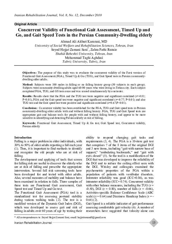 Pdf Concurrent Validity Of Functional Gait Assessment Timed Up And Go And Gait Speed Tests