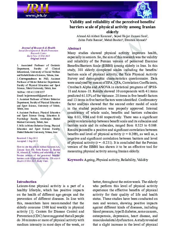(PDF) Validity and reliability of the perceived benefits/barriers scale of physical activity ...