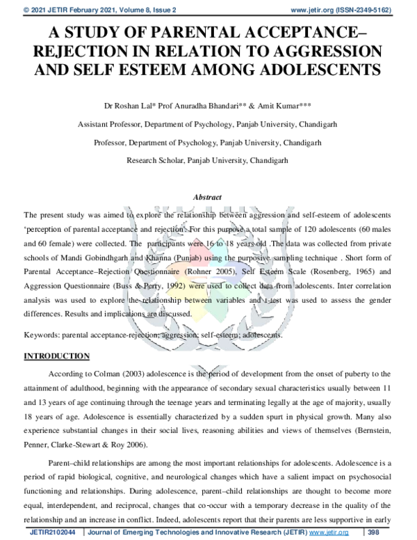 (PDF) A Study of Parental Acceptance– Rejection in Relation to Aggression and Self Esteem Among ...