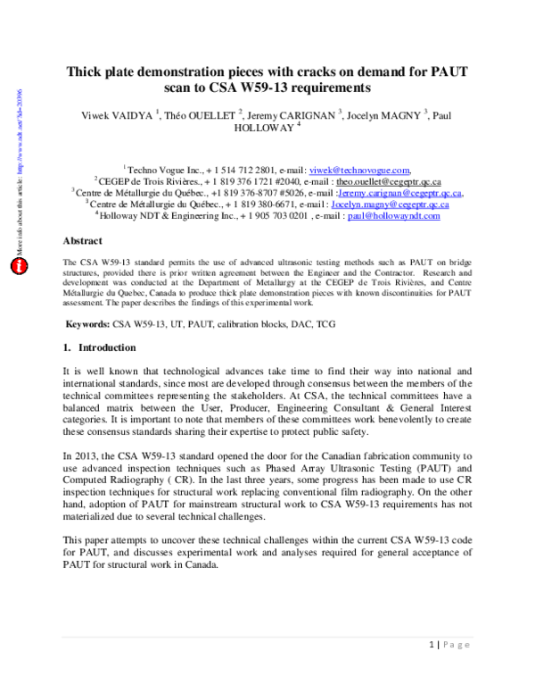 (PDF) Thick plate demonstration pieces with cracks on demand for PAUT ...