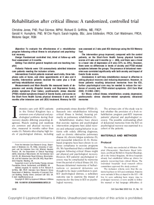 (PDF) Rehabilitation after critical illness: A randomized, controlled trial