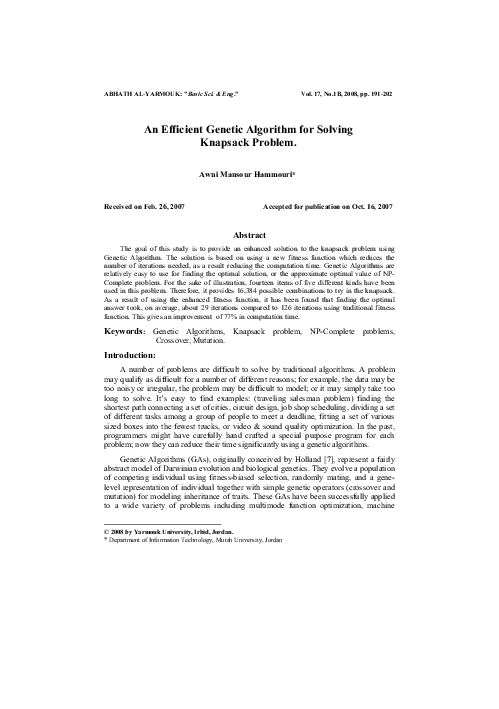 Pdf An Efficient Genetic Algorithm For Solving Knapsack Problem 