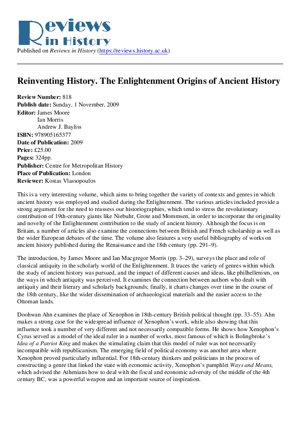 (PDF) Reinventing History: The Enlightenment Origins of Ancient History