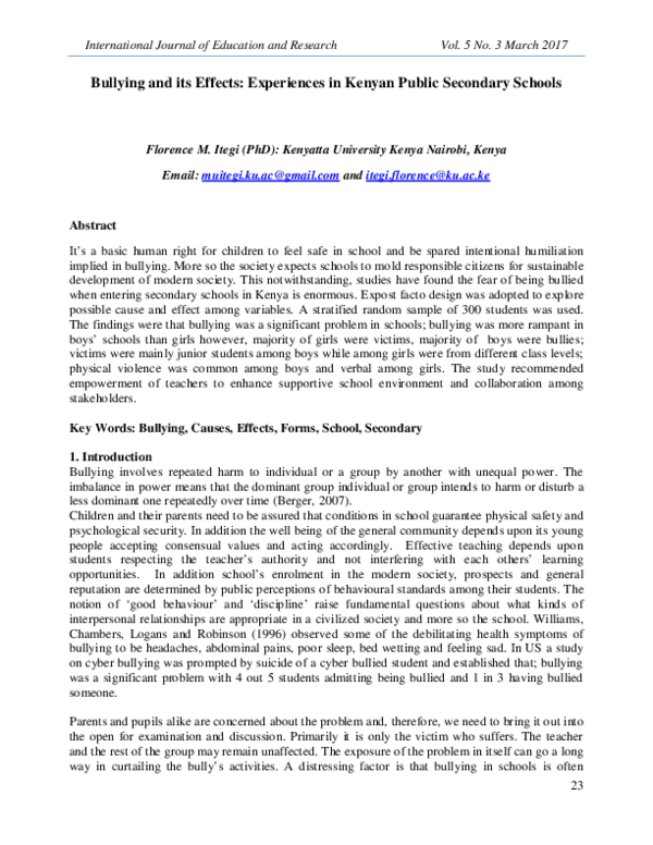 (PDF) Bullying and its Effects: Experiences in Kenyan Public Secondary ...