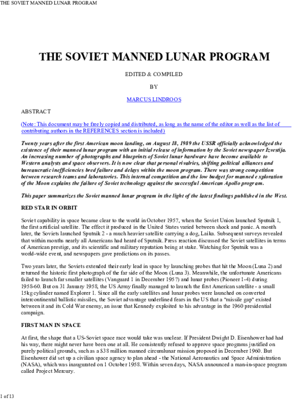 (PDF) THE SOVIET MANNED LUNAR PROGRAM EDITED & COMPILED BY