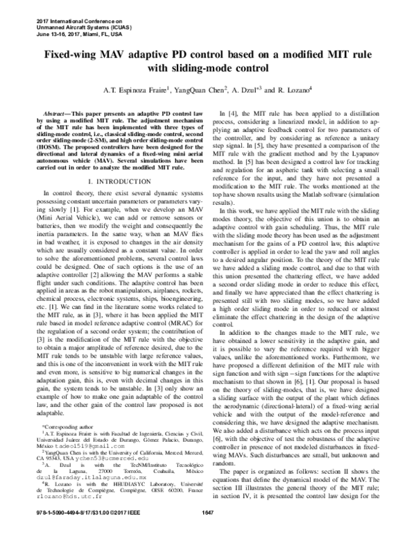 (PDF) Fixed-Wing MAV Adaptive PD Control Based on a Modified MIT Rule with Sliding-Mode Control