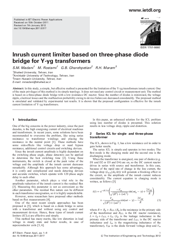 (PDF) Inrush current limiter based on three-phase diode bridge for Y-yg ...