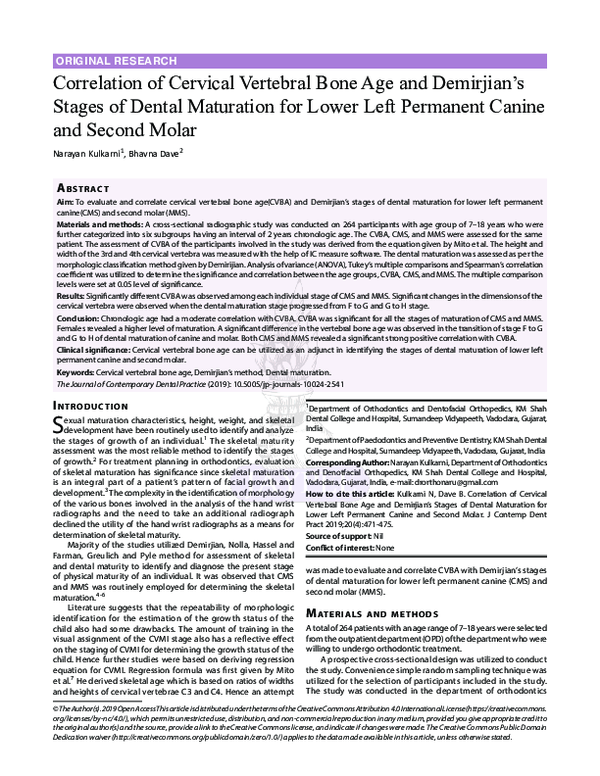(PDF) Correlation of Cervical Vertebral Bone Age and Demirjian's Stages of Dental Maturation for ...