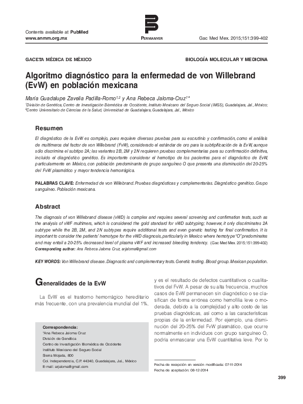 (PDF) Algoritmo diagnóstico para la enfermedad de von Willebrand (EvW) en población mexicana