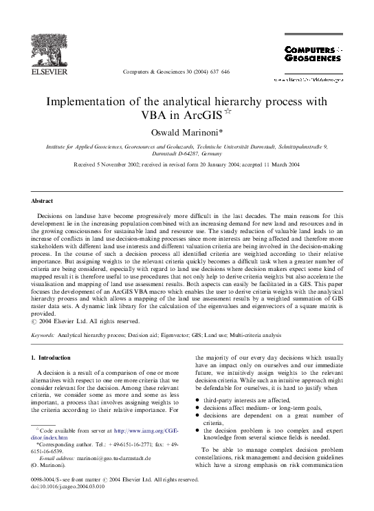 (PDF) Implementation of the analytical hierarchy process with VBA in ArcGIS