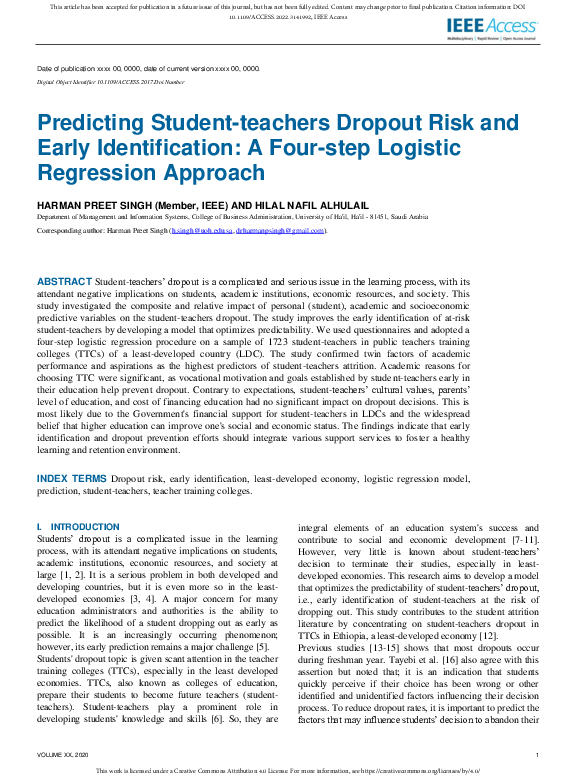 (PDF) Predicting Student-teachers Dropout Risk and Early Identification: A Four-step Logistic ...