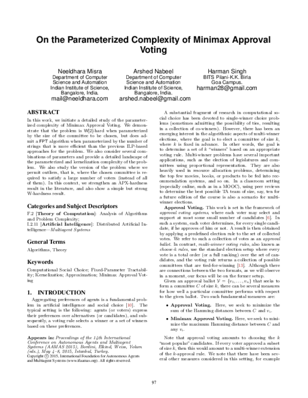 Pdf On The Parameterized Complexity Of Minimax Approval Voting