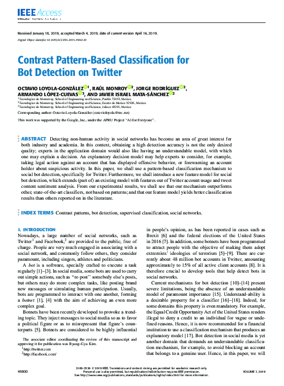 Pdf Contrast Pattern Based Classification For Bot Detection On Twitter