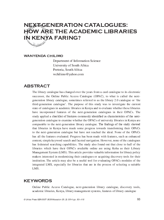 (PDF) Next-Generation Catalogues: How Are the Academic Libraries in Kenya Faring?