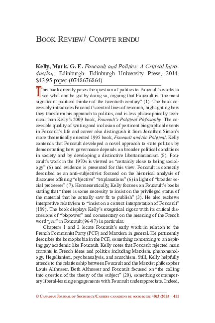 (PDF) Kelly, Mark. G. E., Foucault and Politics: A Critical Introduction