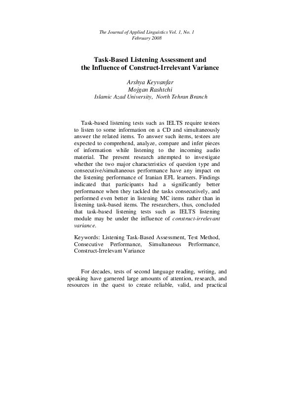 (PDF) Task-Based Listening Assessment and the Influence of Construct-Irrelevant Variance ...