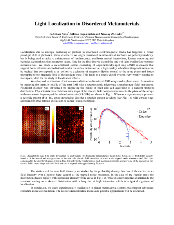 Pdf Light Localization In Disordered Metamaterials
