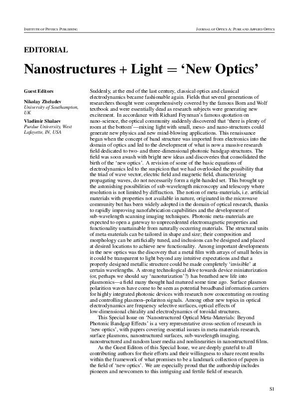 (PDF) Nanostructures + Light = ‘New Optics’