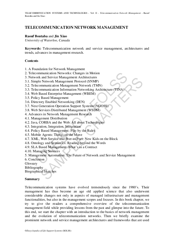 (PDF) On Telecommunication Network Management