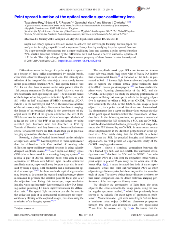 (PDF) Point spread function of the optical needle super-oscillatory lens