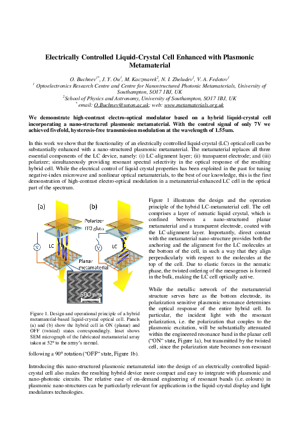 (PDF) Electrically controlled liquid-crystal cell enhanced with plasmonic metamaterial