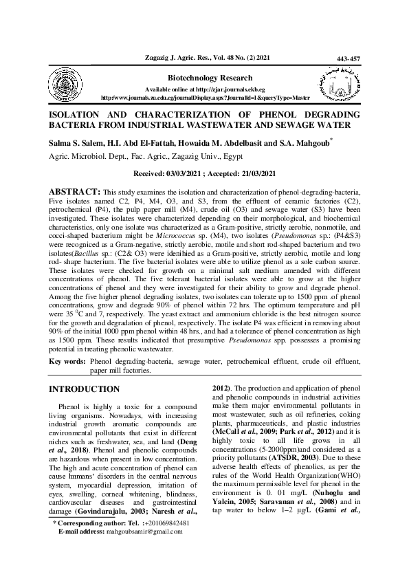 (PDF) Isolation and Characterization of Phenol Degrading Bacteria from ...
