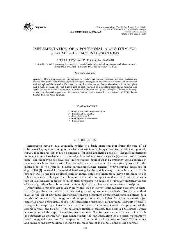 (PDF) Implementation of a polygonal algorithm for surface–surface ...