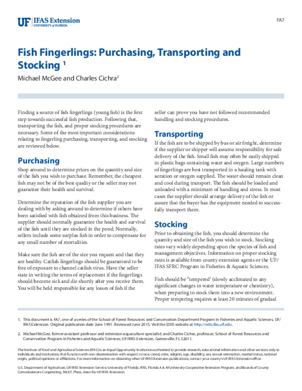 (PDF) Fish Fingerlings: Purchasing, Transporting and Stocking 1