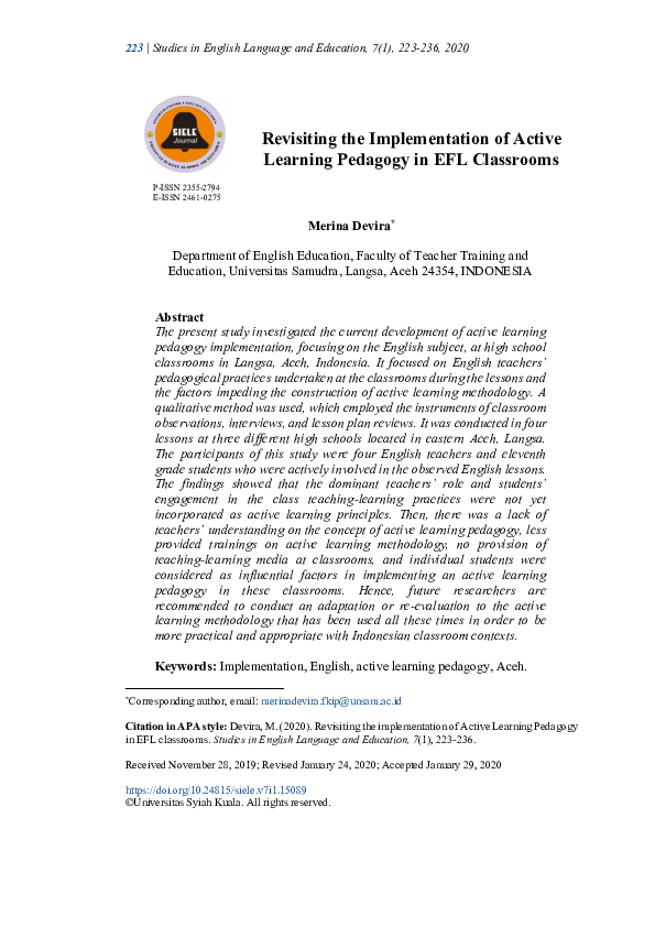 (PDF) Revisiting the implementation of active learning pedagogy in EFL classrooms