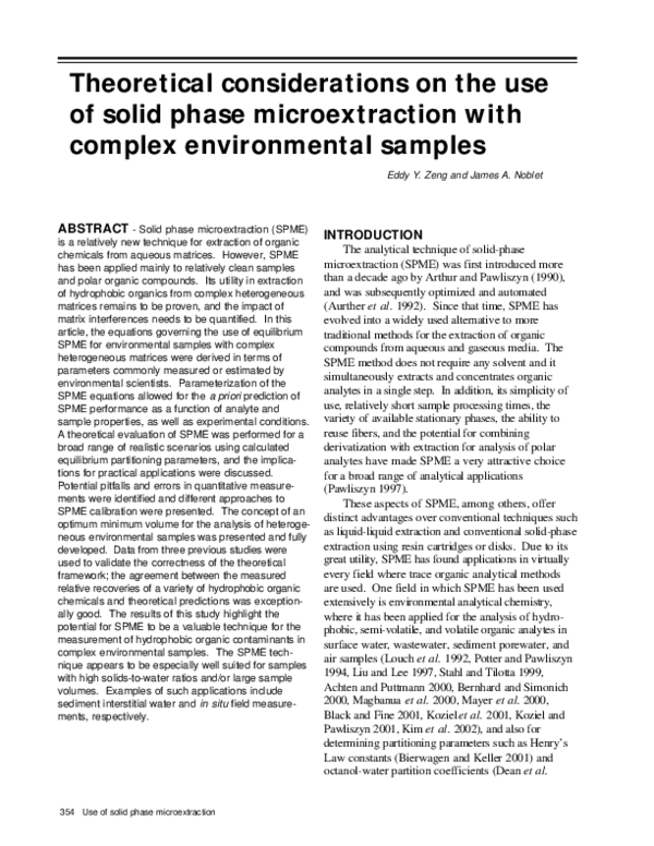 Pdf 354 Use Of Solid Phase Microextraction Theoretical Considerations On The Use Of Solid