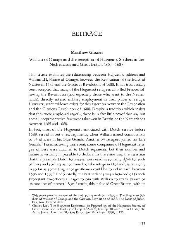 (PDF) William of Orange and the reception of Huguenot Soldiers in the Netherlands and Great ...