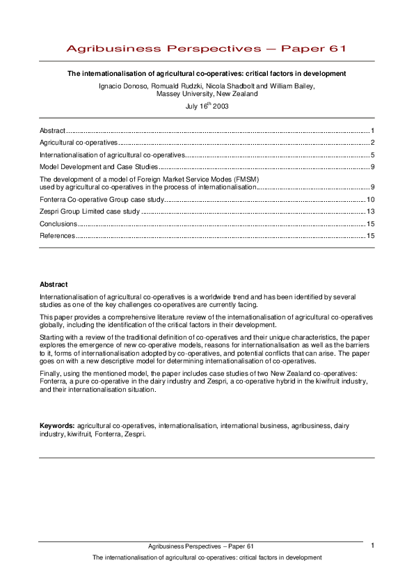(PDF) Internationalisation Strategies of Agricultural Cooperatives: Fonterra Case Study