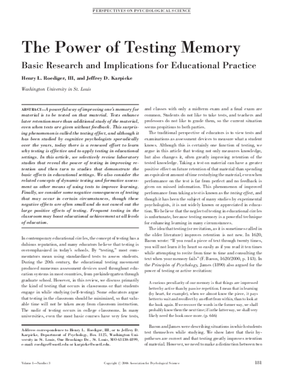 (PDF) The power of testing memory: Basic research and implications for ...
