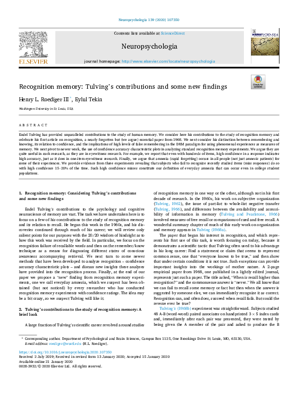 (PDF) Recognition memory: Tulving's contributions and some new findings