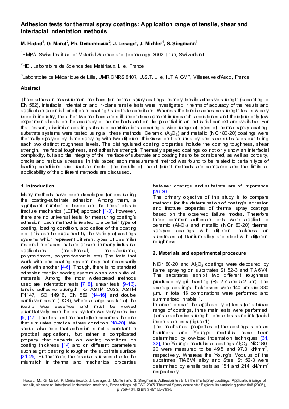 (PDF) Adhesion tests for thermal spray coatings: Application range of ...