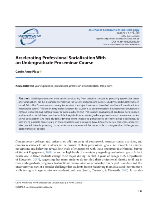 (PDF) Accelerating Professional Socialization with an Undergraduate Proseminar Course | Carrie ...
