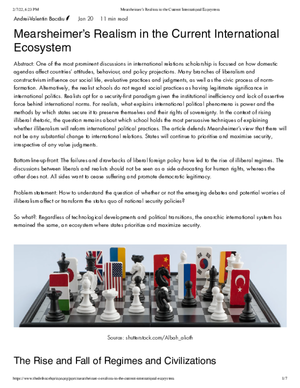 (PDF) Mearsheimer's Realism in the Current International Ecosystem