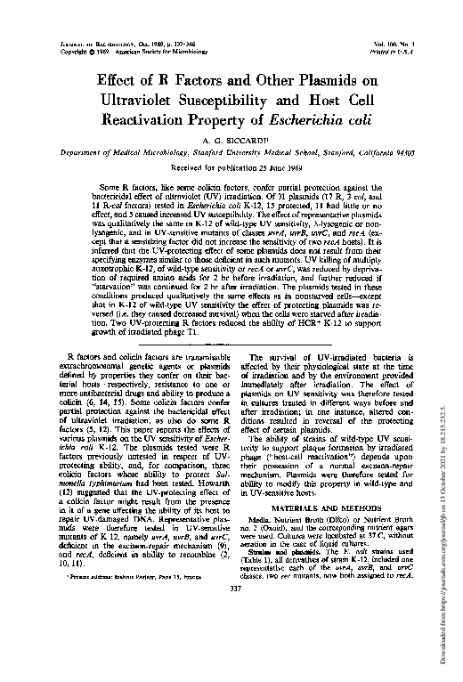 (PDF) Effect of R factors and other plasmids on ultraviolet ...