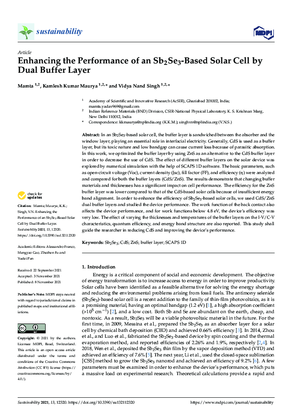 (PDF) Enhancing the Performance of an Sb2Se3-Based Solar Cell by Dual Buffer Layer