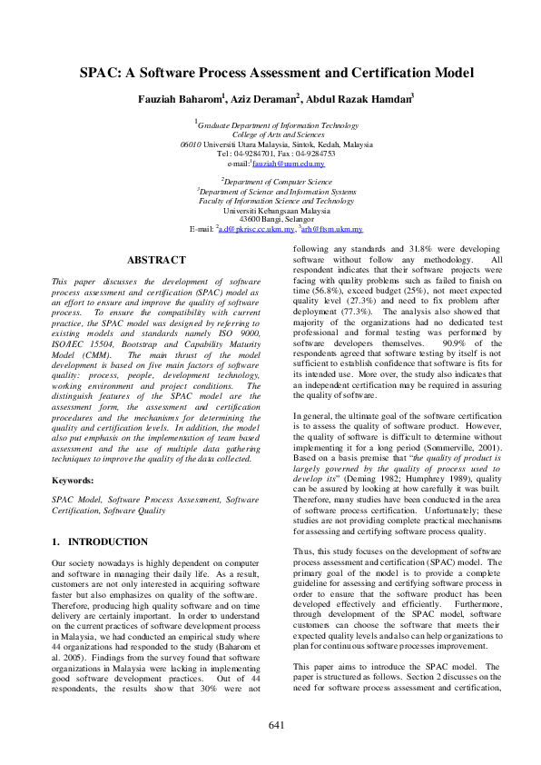 (PDF) SPAC: A Software Process Assessment and Certification Model