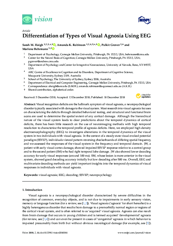 (PDF) Differentiation of Types of Visual Agnosia Using EEG