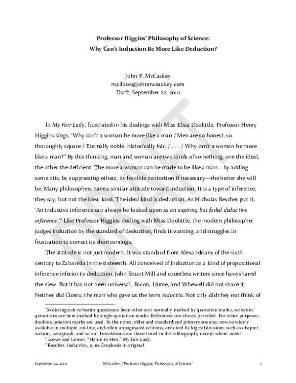 (PDF) Professor Higgins ’ Philosophy of Science: Why Can’t Induction Be ...